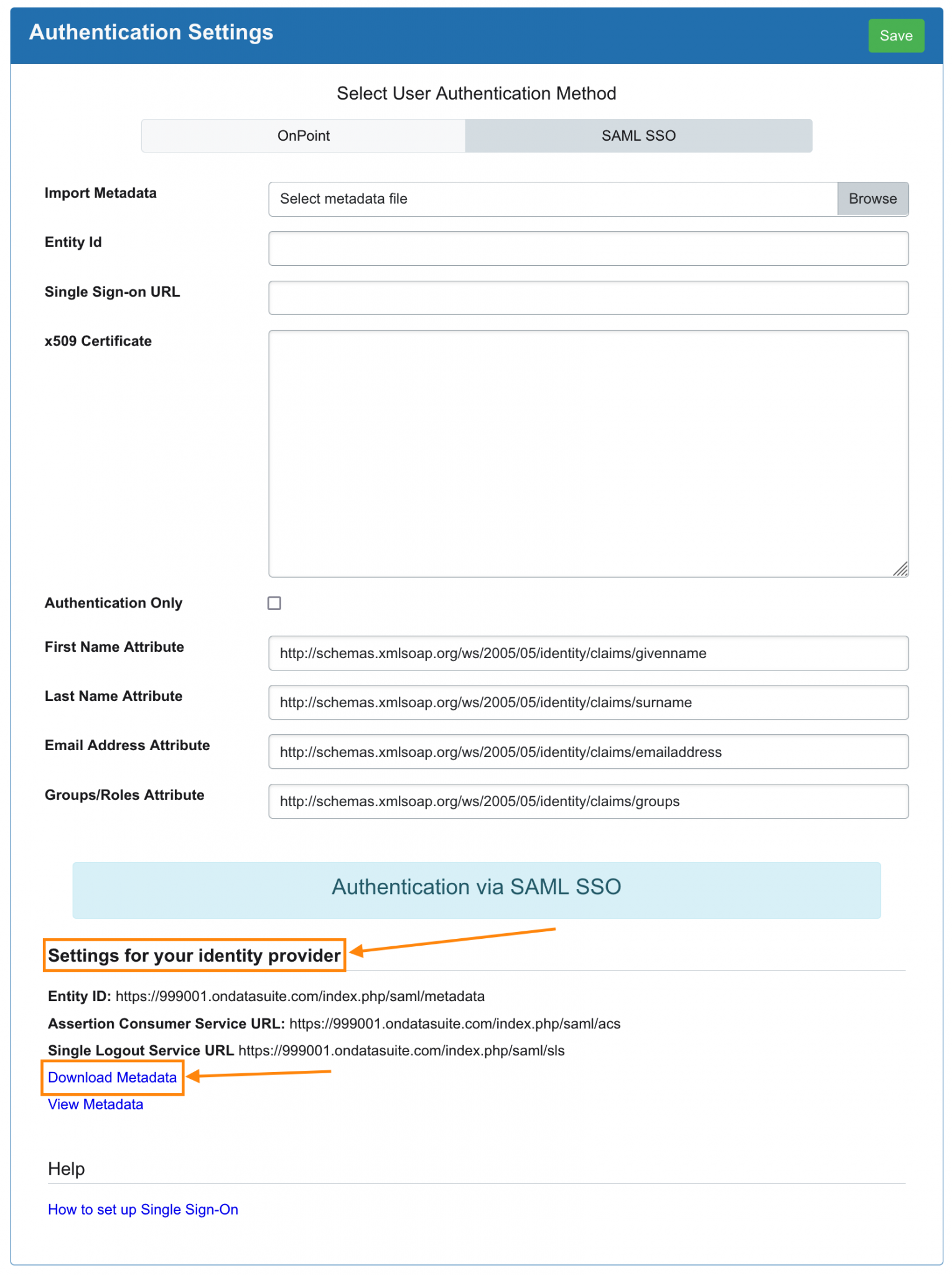 Authentication Settings Single Sign-On – OnDataSuite – Knowledgebase