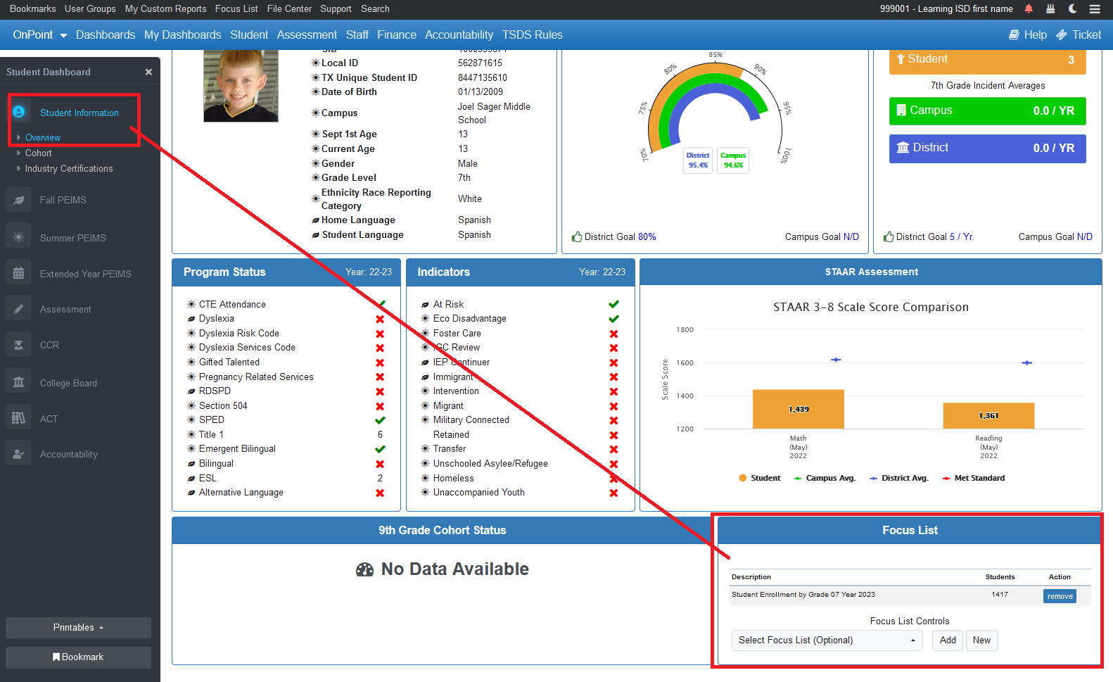 Focus List – Creation from Within a Student Dashboard View – OnDataSuite – Knowledgebase
