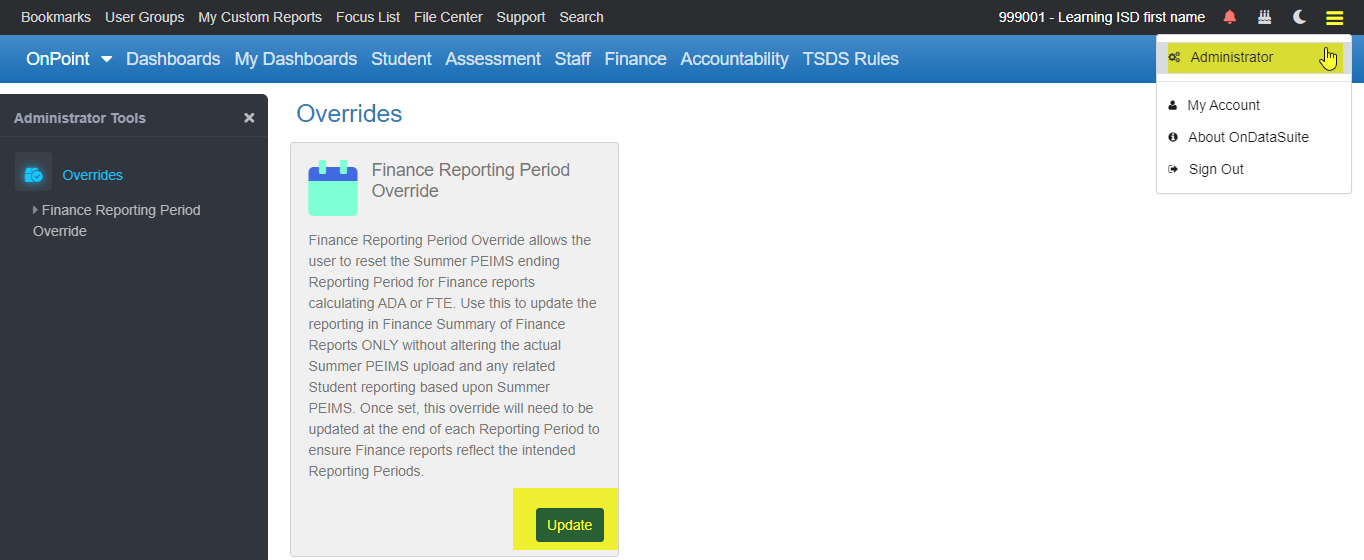 Finance Reporting Period Override – OnDataSuite – Knowledgebase