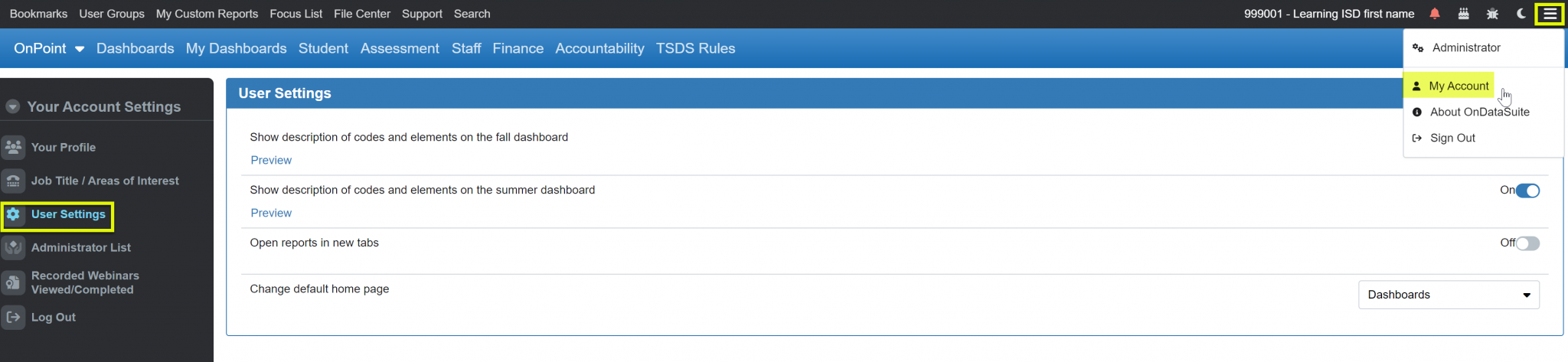 My Dashboards – Setting as default homepage – OnDataSuite – Knowledgebase