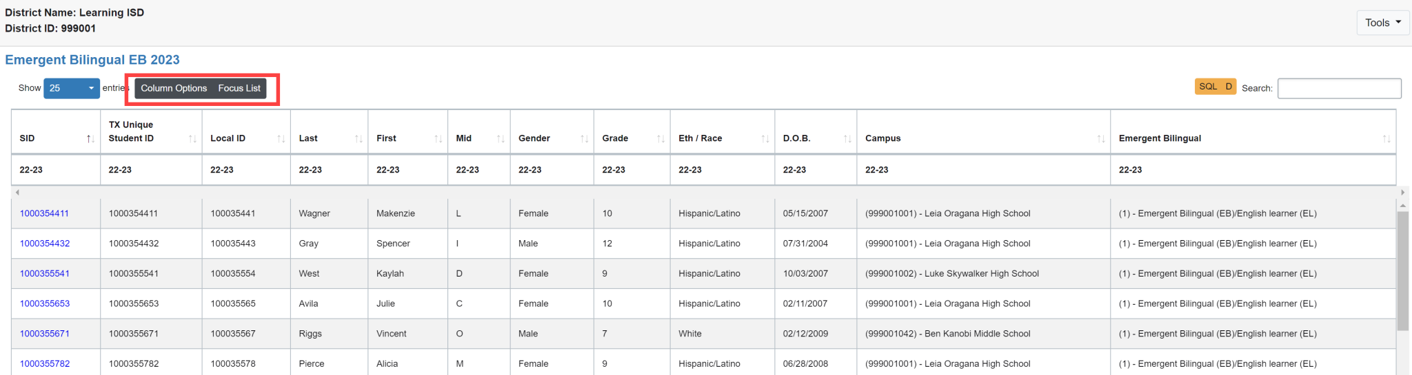 Emergent Bilingual Summer – Student List – OnDataSuite – Knowledgebase