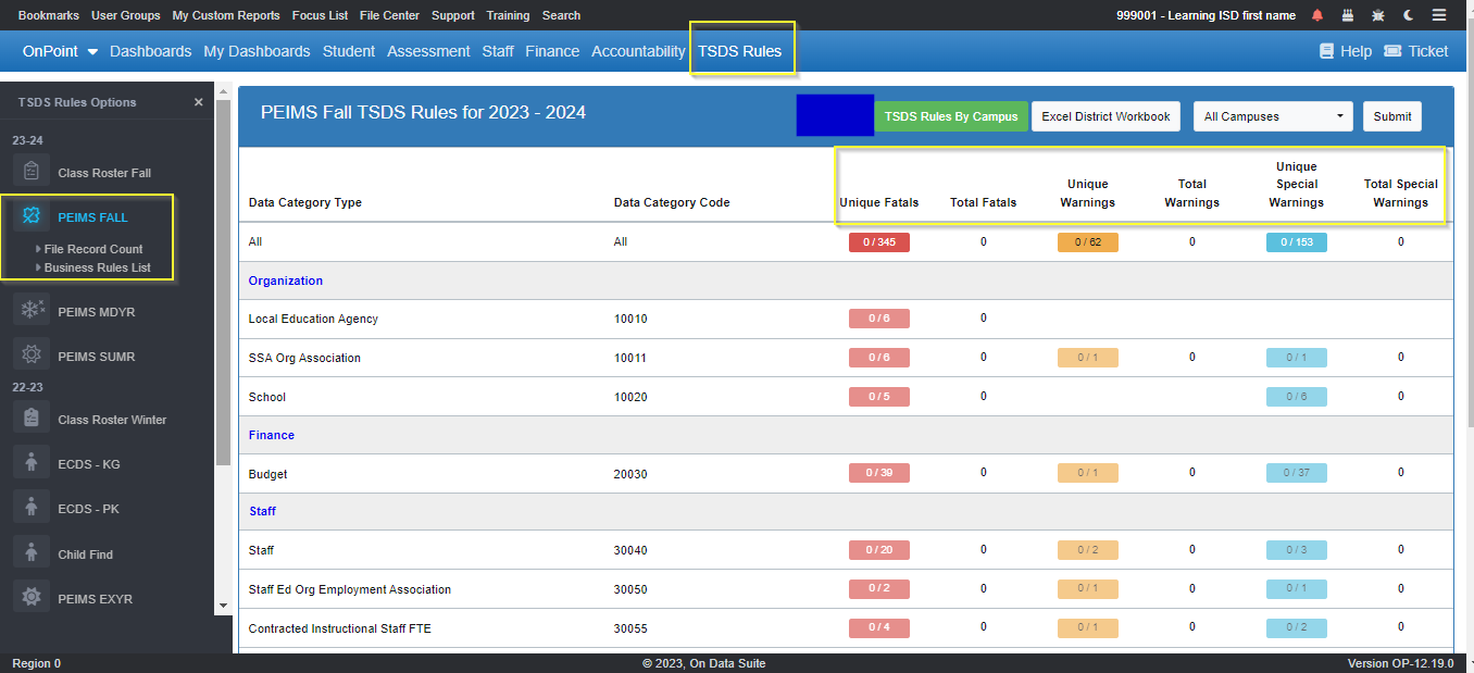 Special Ed Student Data Review – TSDS Rules – OnDataSuite – Knowledgebase