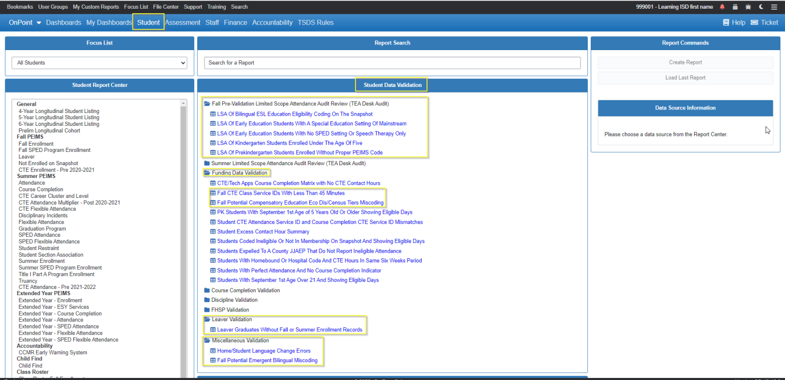 Fall PEIMS Student – Student Validation Reports – OnDataSuite – Knowledgebase
