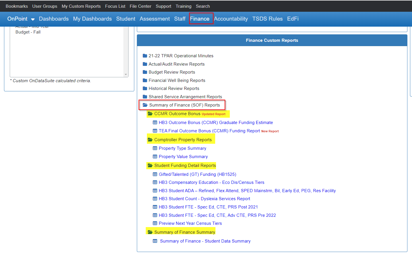 Summary of Finance Student Data – Summary of Finance Reports Overview – OnDataSuite – Knowledgebase