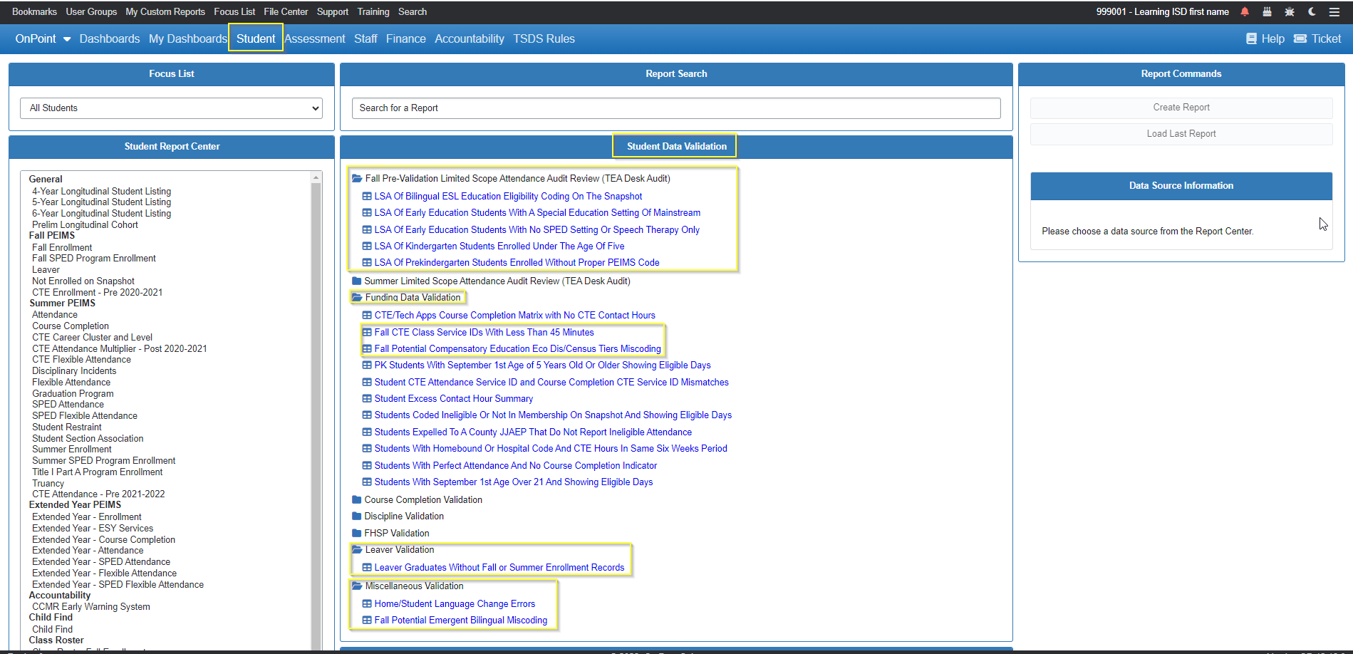 Fall PEIMS Student – Student Validation Reports – OnDataSuite – Knowledgebase