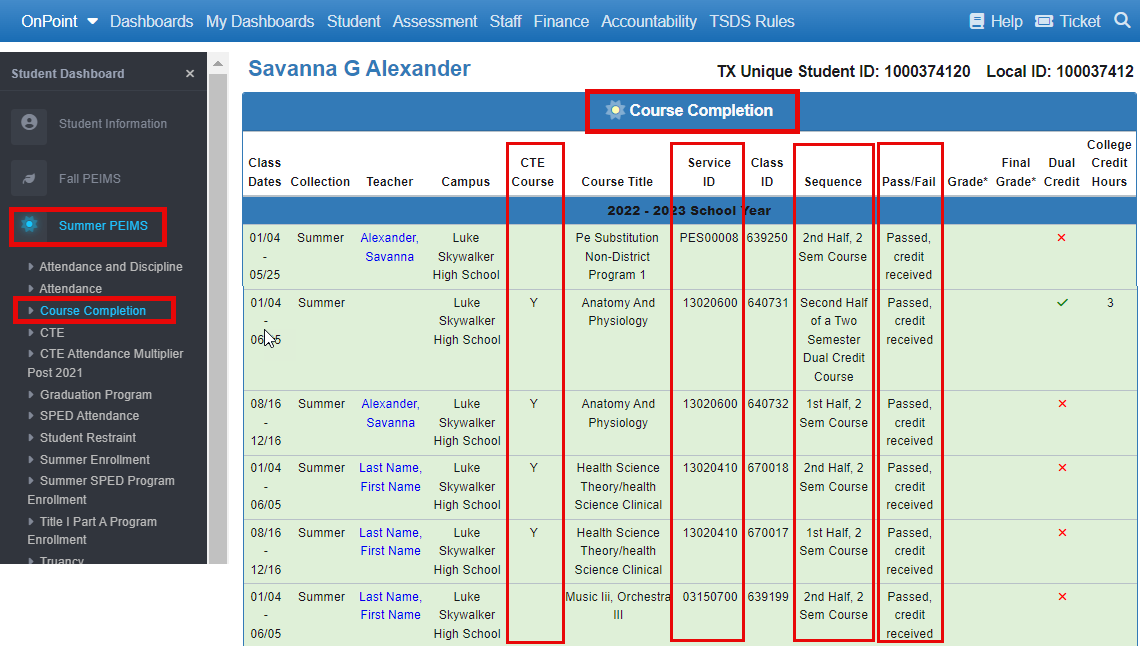 CTE Data Review – Individual Student Profile – OnDataSuite – Knowledgebase