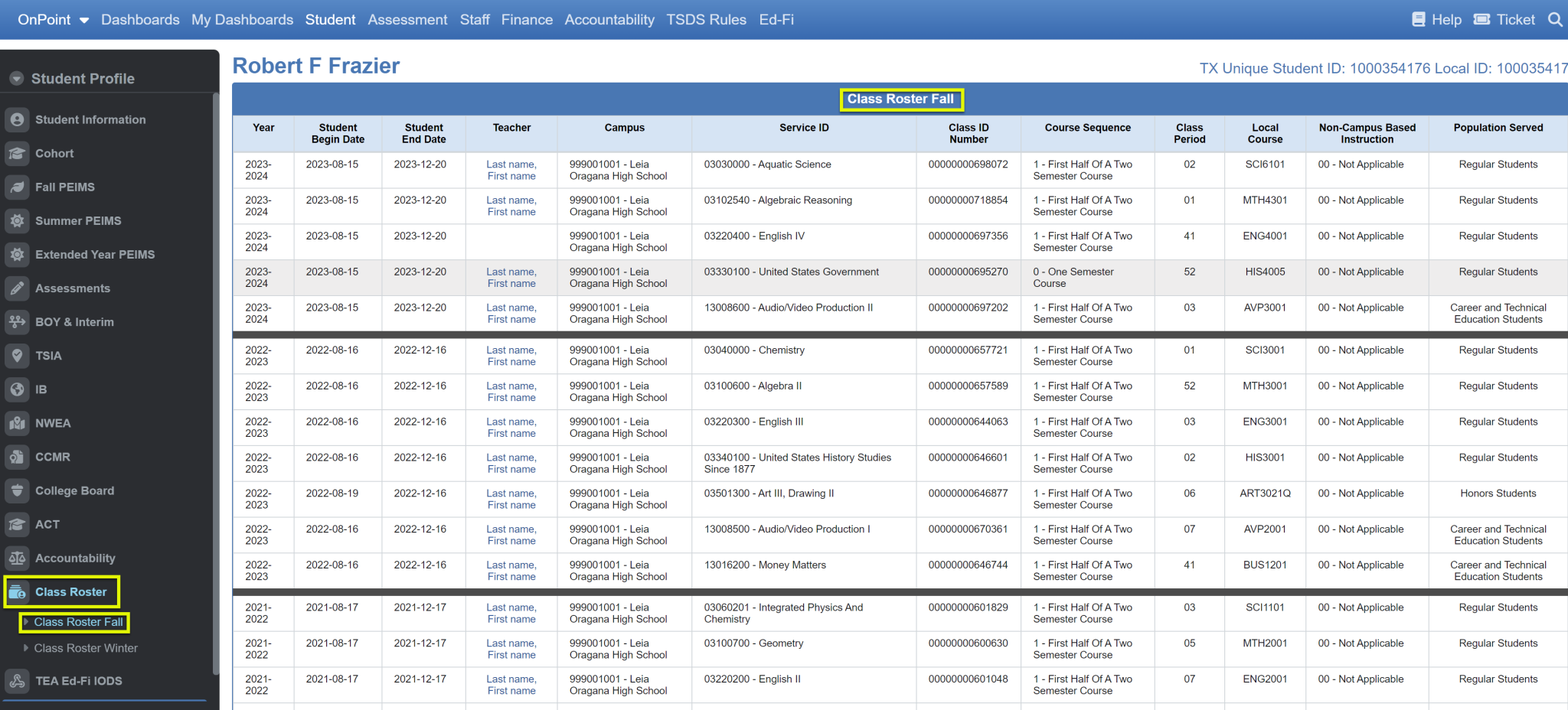 Student Profile – Class Roster – OnDataSuite – Knowledgebase