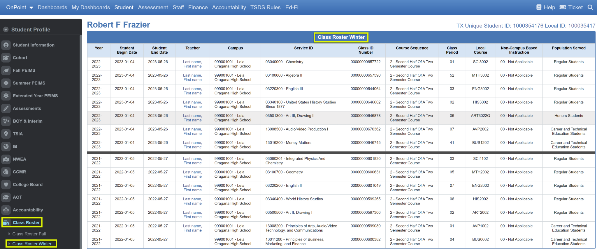 Student Profile – Class Roster – OnDataSuite – Knowledgebase