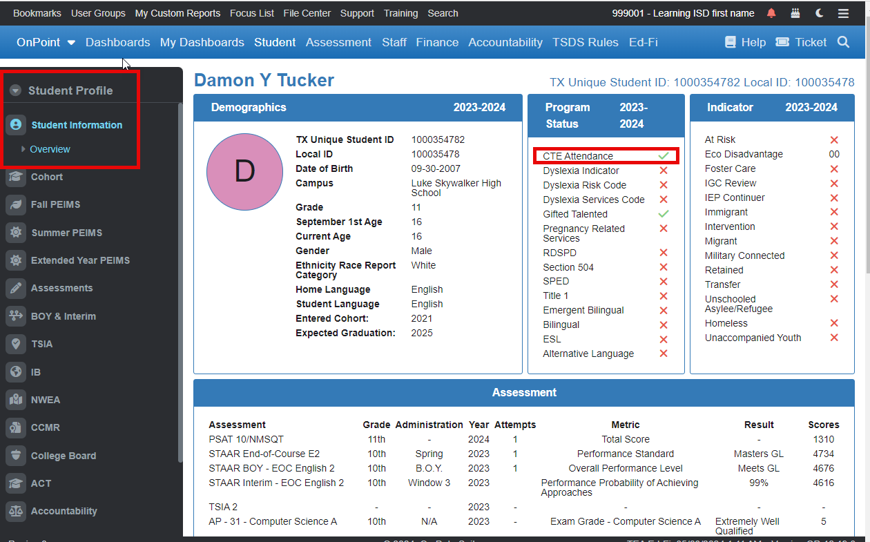 CTE Data Review – Individual Student Profile – OnDataSuite – Knowledgebase