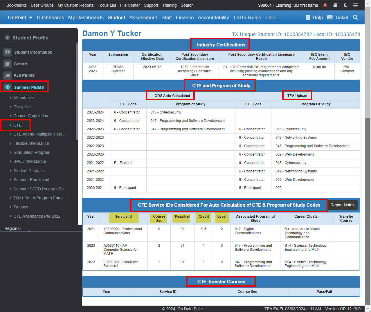 CTE Data Review – Individual Student Profile – OnDataSuite – Knowledgebase
