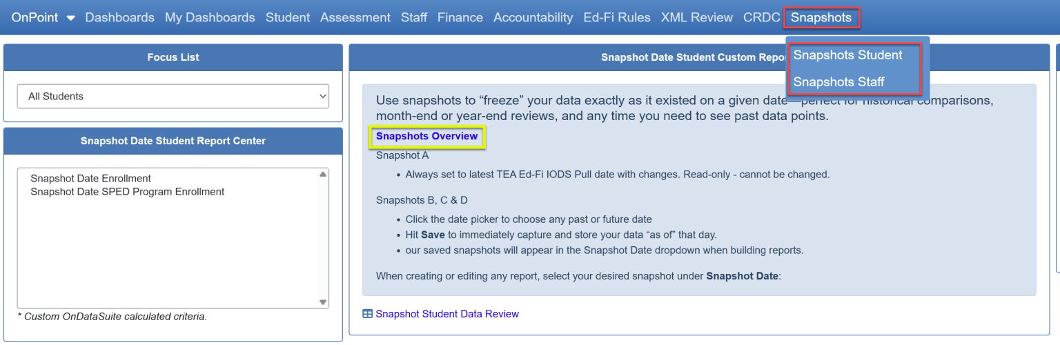Snapshots Data – OnDataSuite – Knowledgebase